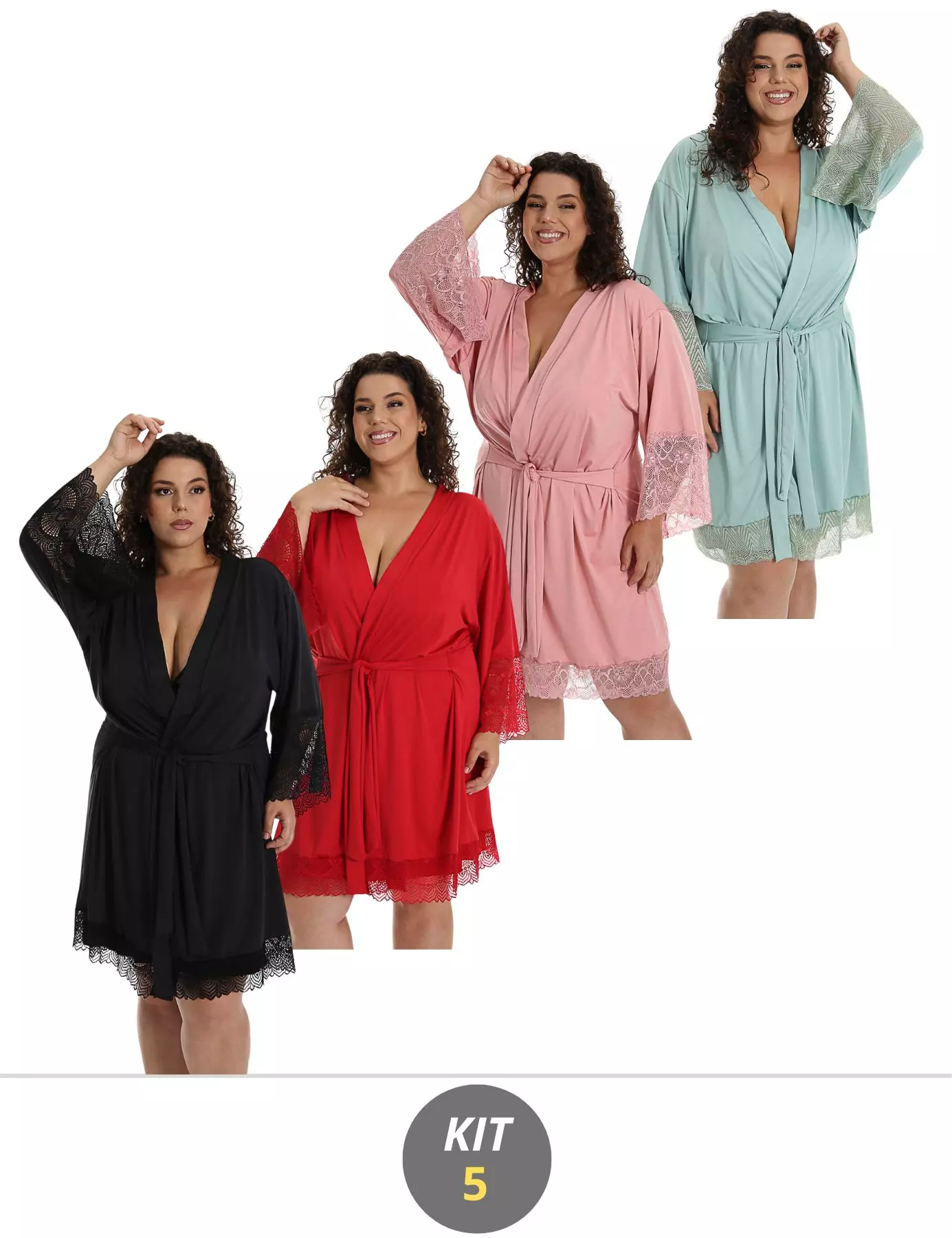 Kit Robe Plus Size Manga 3/4 Microfibra com Renda | TJ Vip